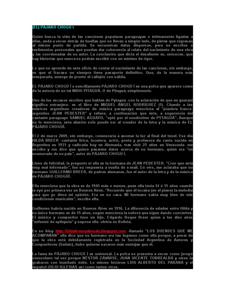 Orígenes del Pájaro Chogüí en Venezuela | PDF | Paraguay | Ocio