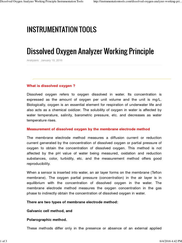 Dissolved Oxygen Analyzer Working Principle Instrumentation Tools | PDF ...