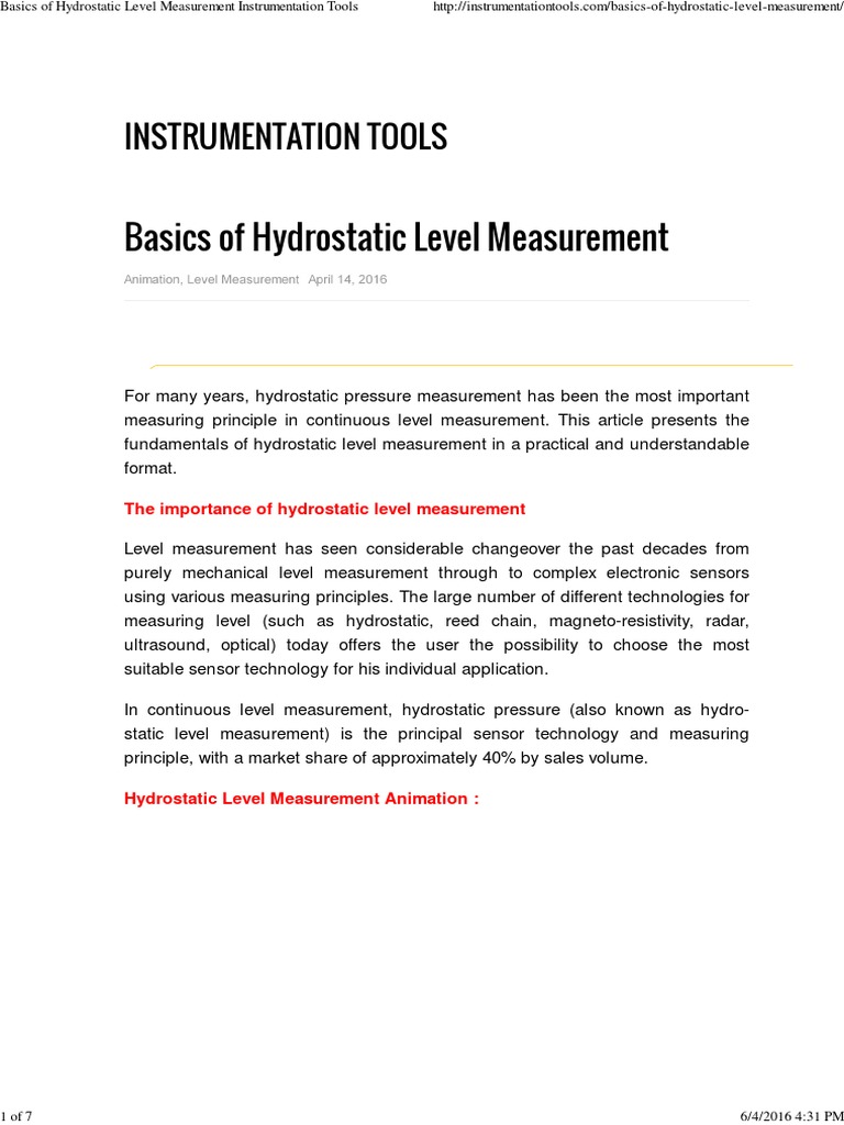Basics of Hydrostatic Level Measurement Instrumentation Tools | PDF | Pressure | Pressure ...