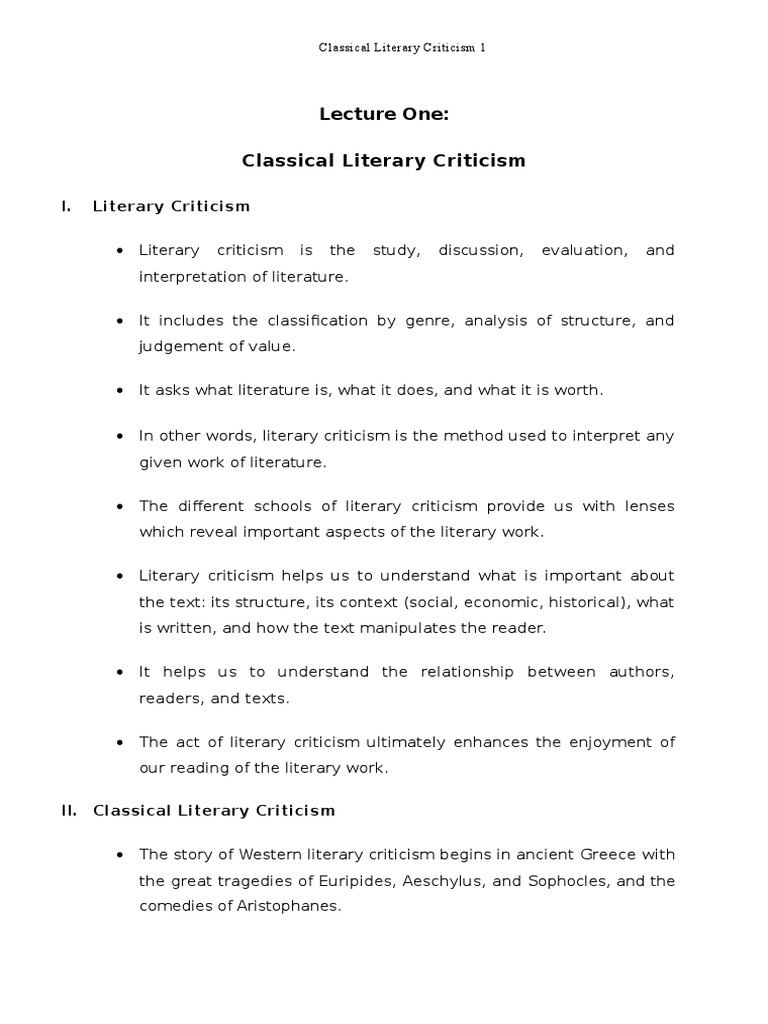 Lecture One Classical Criticism Plato | PDF | Plato | Literary Criticism
