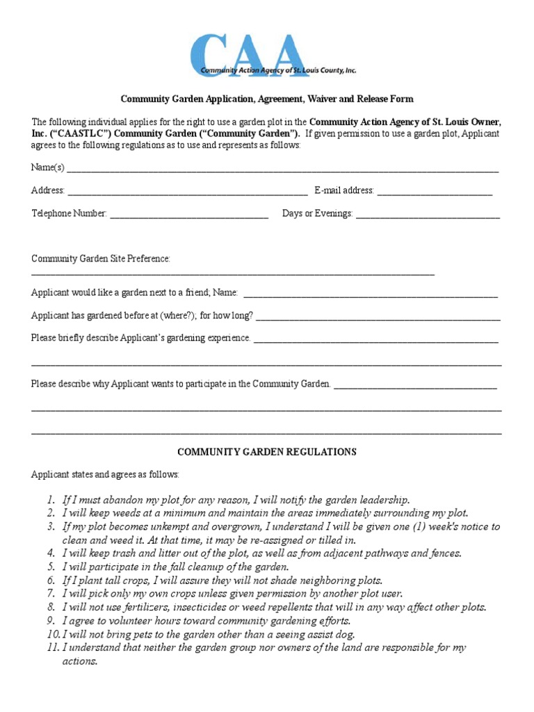 2017 Community Gardens Application-Waiver-Release Form | Indemnity ...