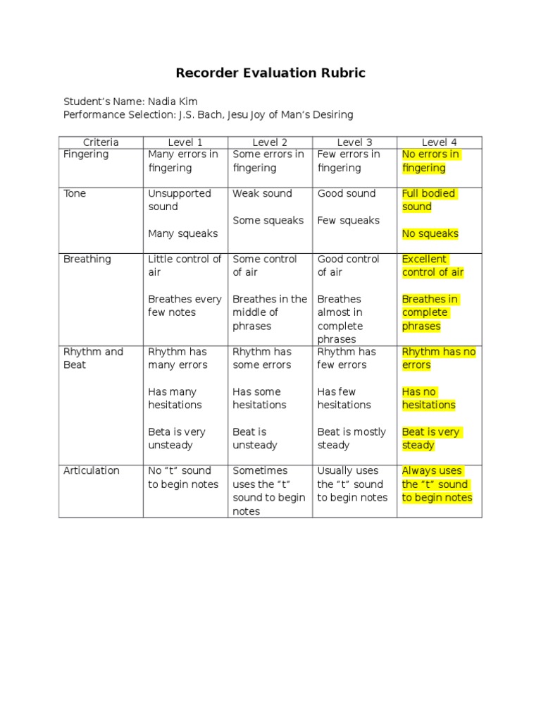 Recorder Performance Evaluation Rubric | PDF