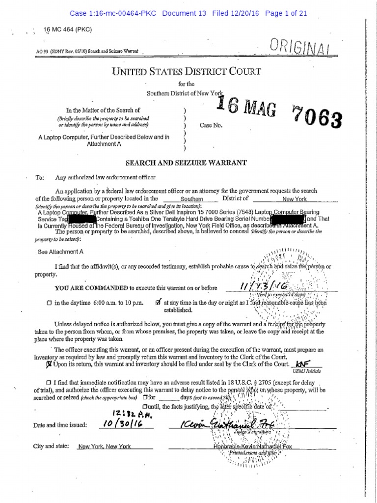 FBI Search Warrant For Anthony Wiener's Laptop | PDF | Law