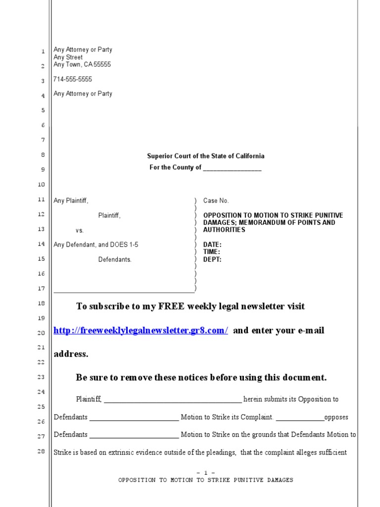 Sample Opposition to Motion to Strike Punitive Damages | Pleading ...