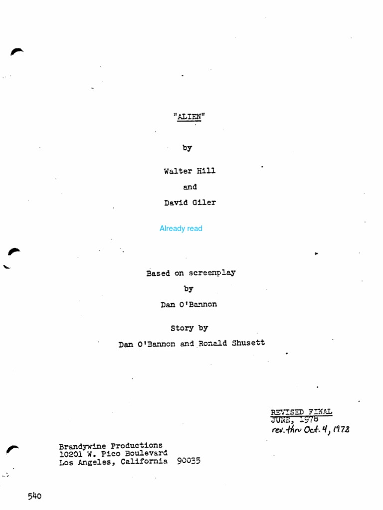 Alien Screenplay by Dam O'Bannon (Done) | PDF