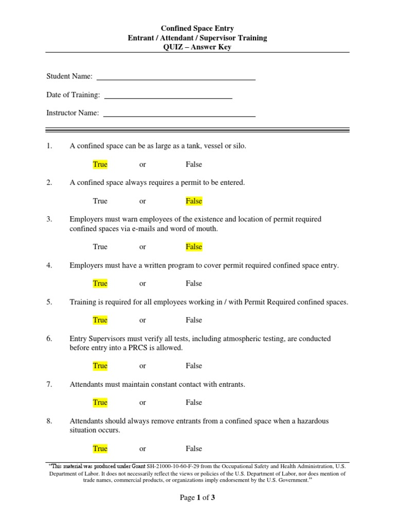 Confined Space Entry Quiz Answers | PDF | Safety | Working Conditions