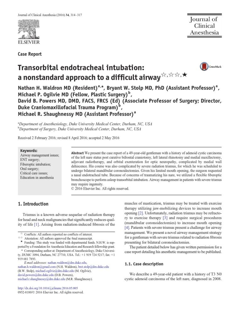 Transorbital Endotracheal Intubation:a Nonstandard Approach To A ...