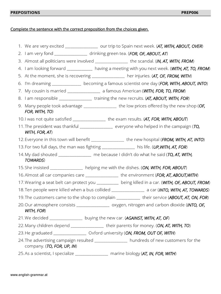 Prepositions - PREP006 - English Grammar Exercises | PDF