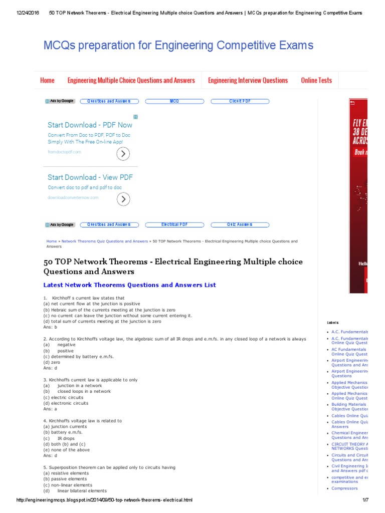 50 TOP Network Theorems - Electrical Engineering Multiple Choice ...