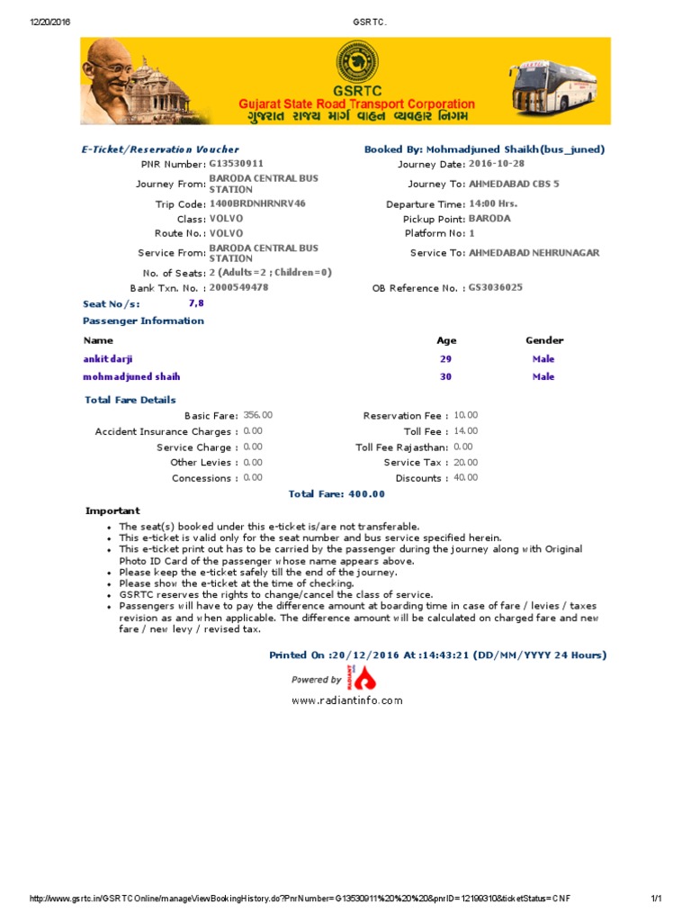 GSRTC PDF Ticket | Fare | Service Industries