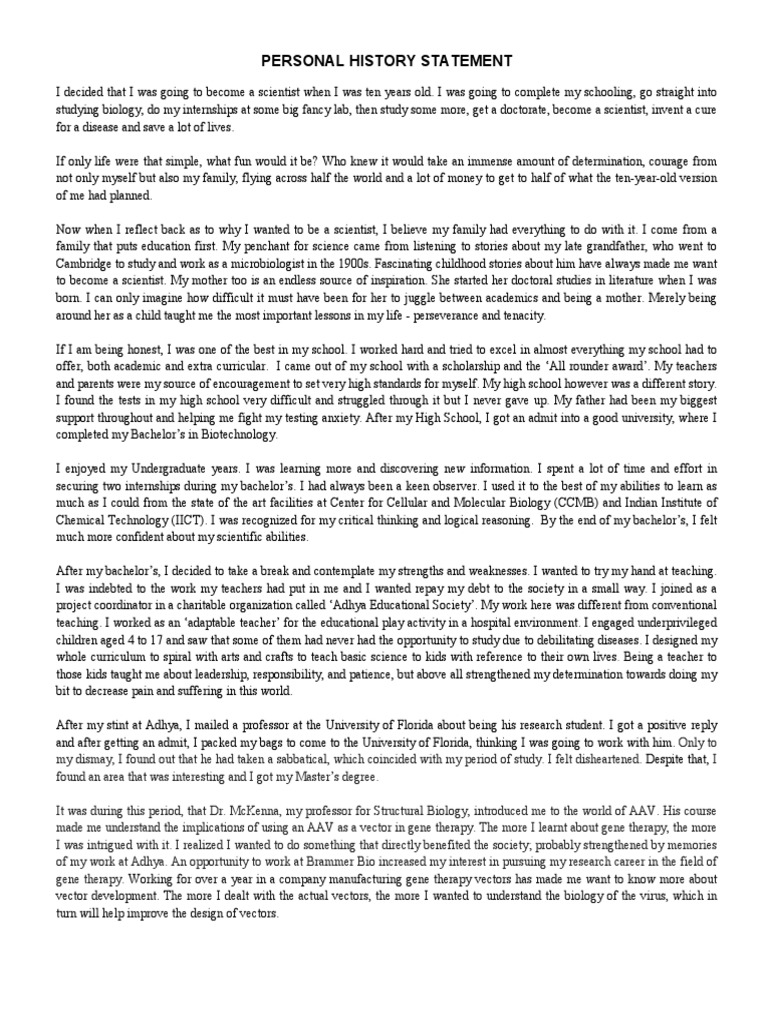 Personal History Statement - Ramya Rallabandi | PDF | Teachers | Learning