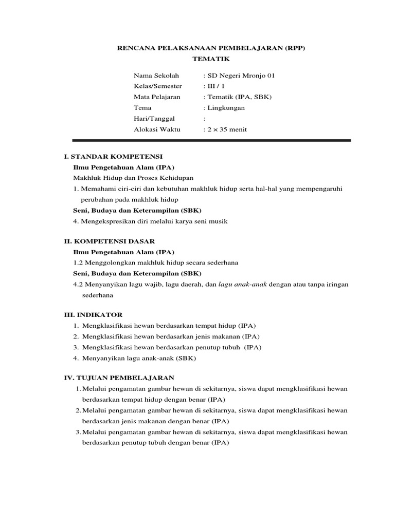 RPP IPA KELAS 3 Penggolongan Hewan | PDF