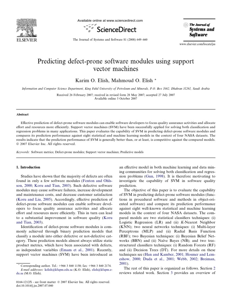 Predicting Defect-Prone Software Modules Using Support Vector Machines | PDF | Support Vector ...