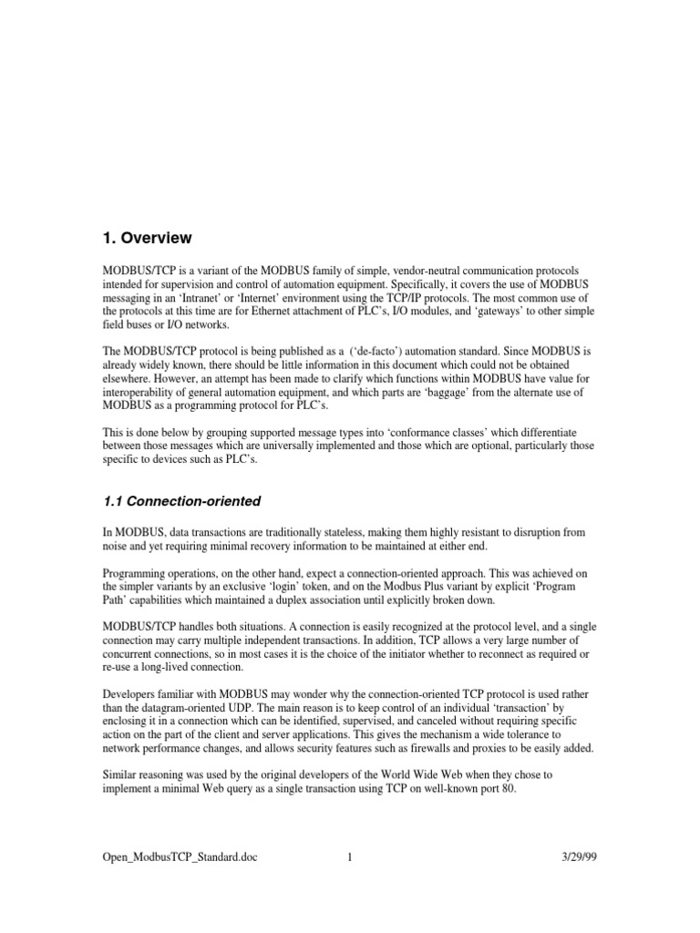 Modbus TCP Overview | PDF | Transmission Control Protocol | Integer ... Modbus TCP Overview | PDF | Transmission Control Protocol | Integer ...