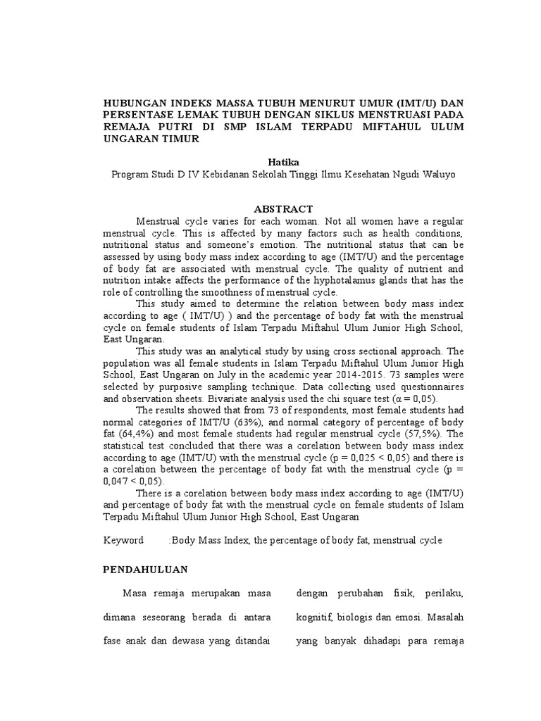 Hubungan Indeks Massa Tubuh Menurut Umur (Imt/U) Dan Persentase Lemak ...