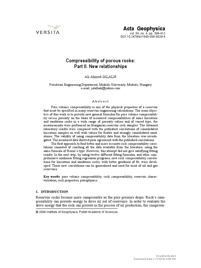Acta Geophysica Compressibility Of Porous Rocks Part Ii New Relationships Pdf Porosity