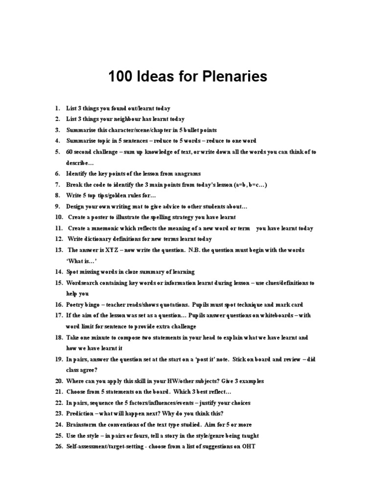 100 Creative Plenary Ideas for Classrooms | PDF | Ellipsis | Poetry