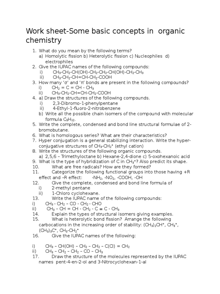 Basic Concepts in Organic Chemistry Worksheet | PDF | Science & Mathematics
