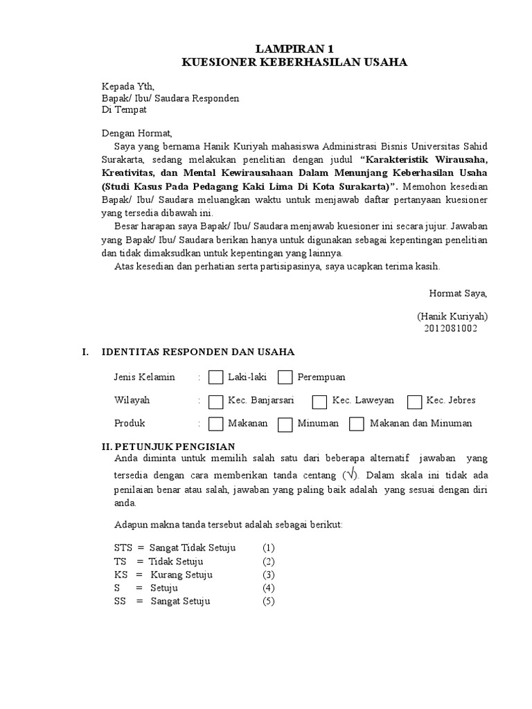 Lampiran 1 Kuesioner | PDF