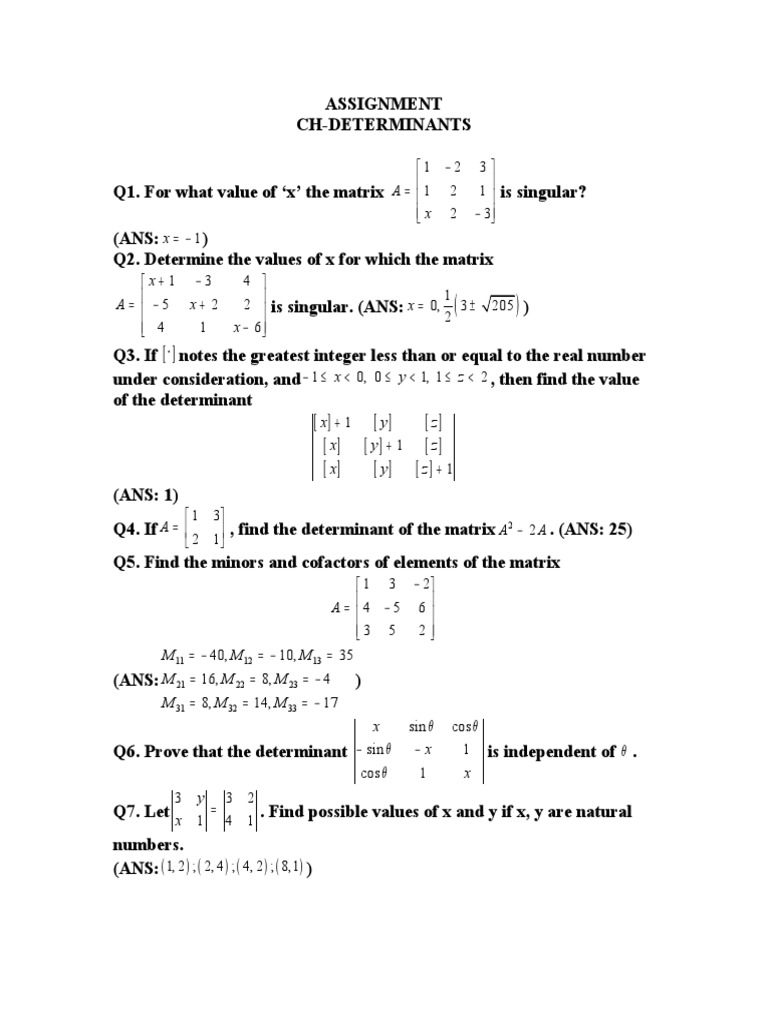 Assignment (Ch-Determinants) PDF | PDF | Trigonometric Functions ...