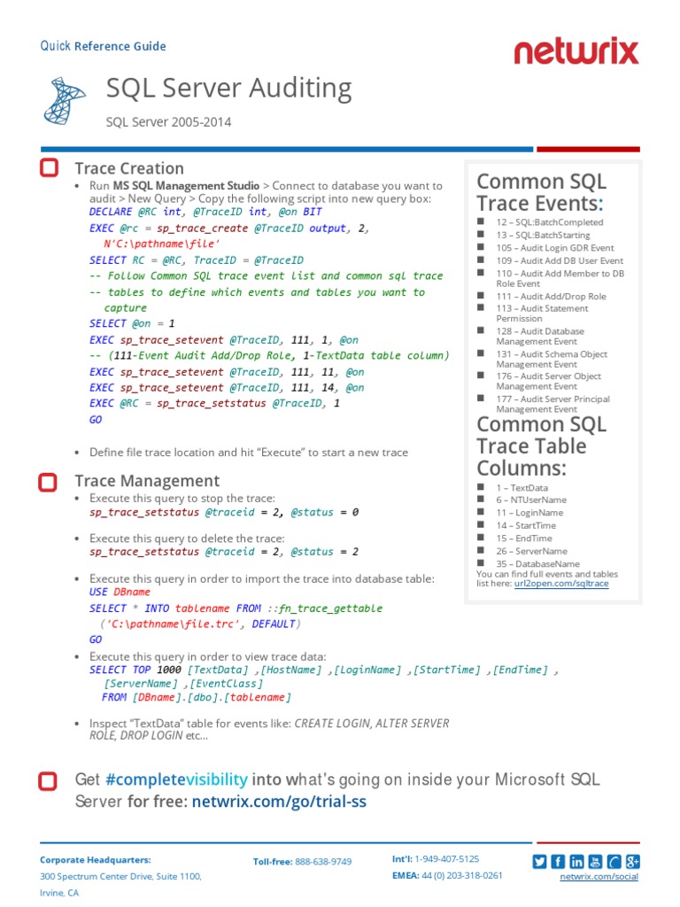 SQL Server Auditing Quick Reference Guide PDF | PDF | Technology & Engineering