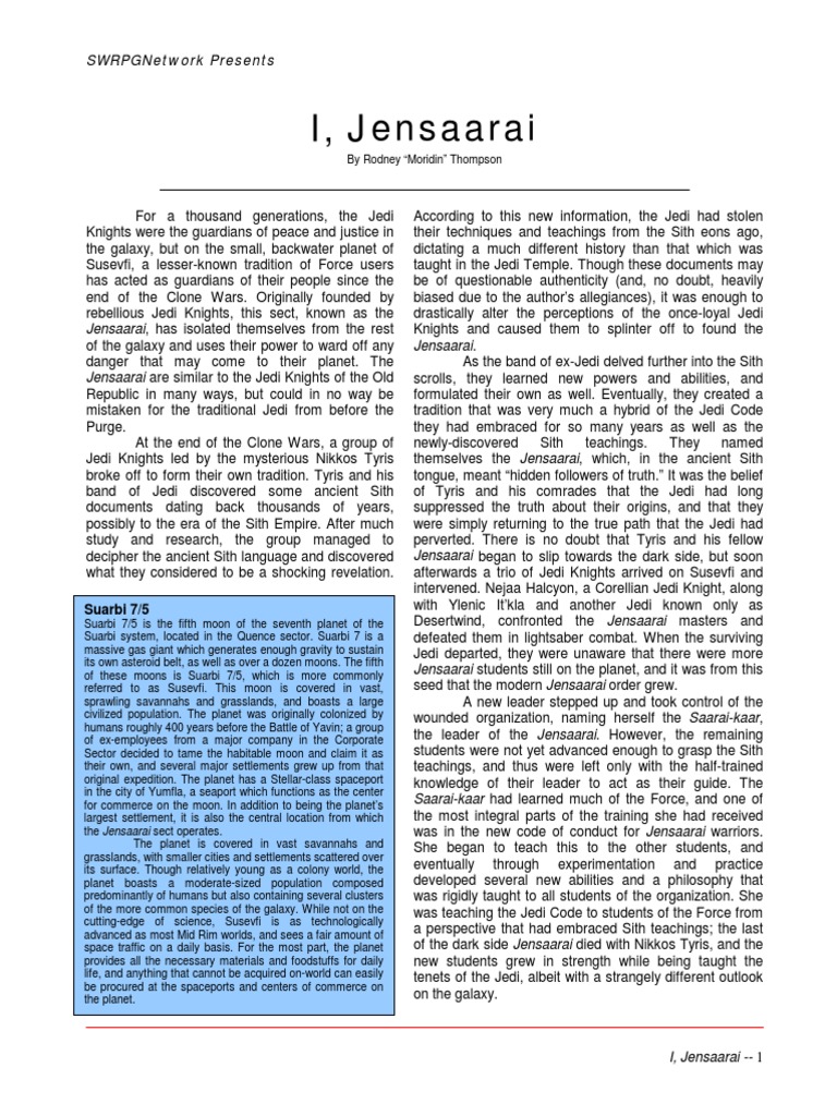 Star Wars I Jensaarai by Rodney Thompson | PDF | Jedi | Galactic Empire ...