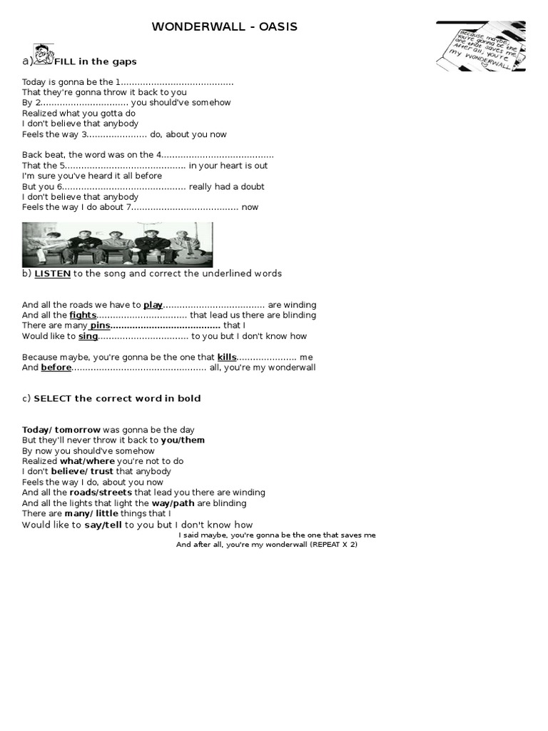 Wonderwall Oasis Worksheet | PDF