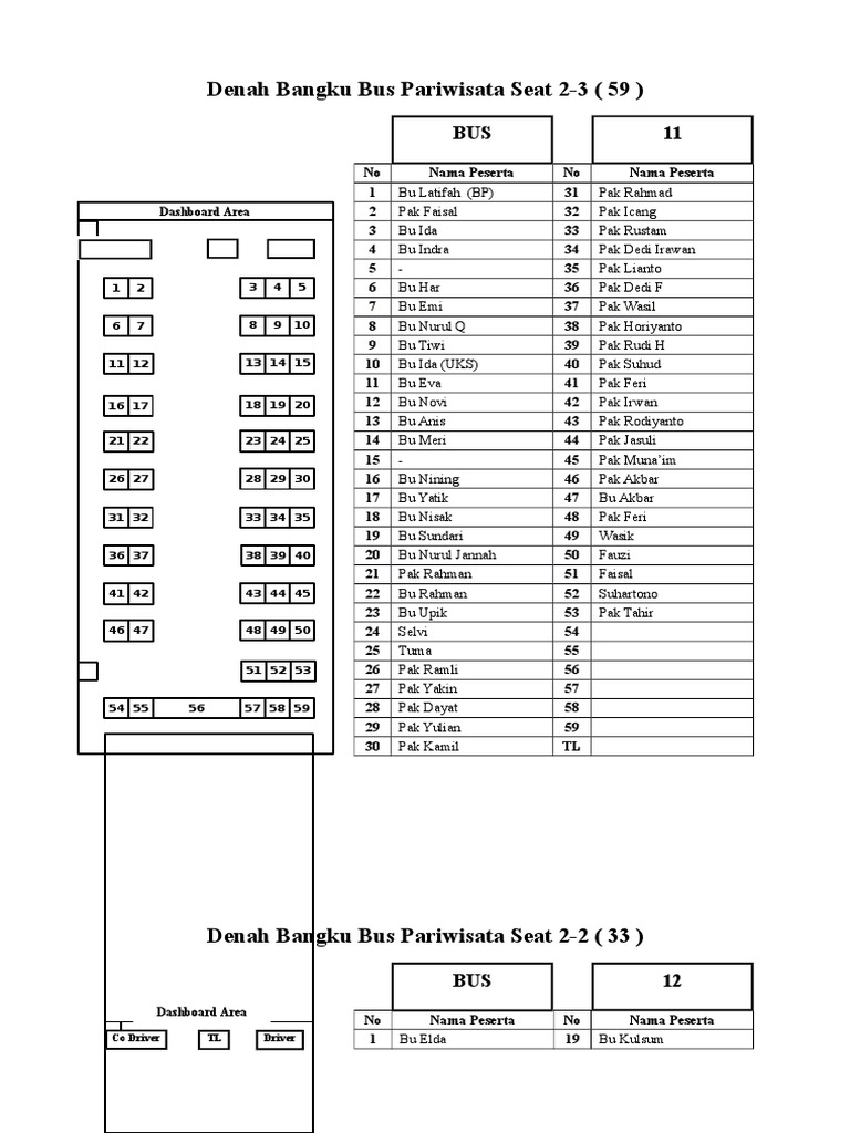 Bus Seat Layout for Tourism Group 2-3 (59 Seats | PDF