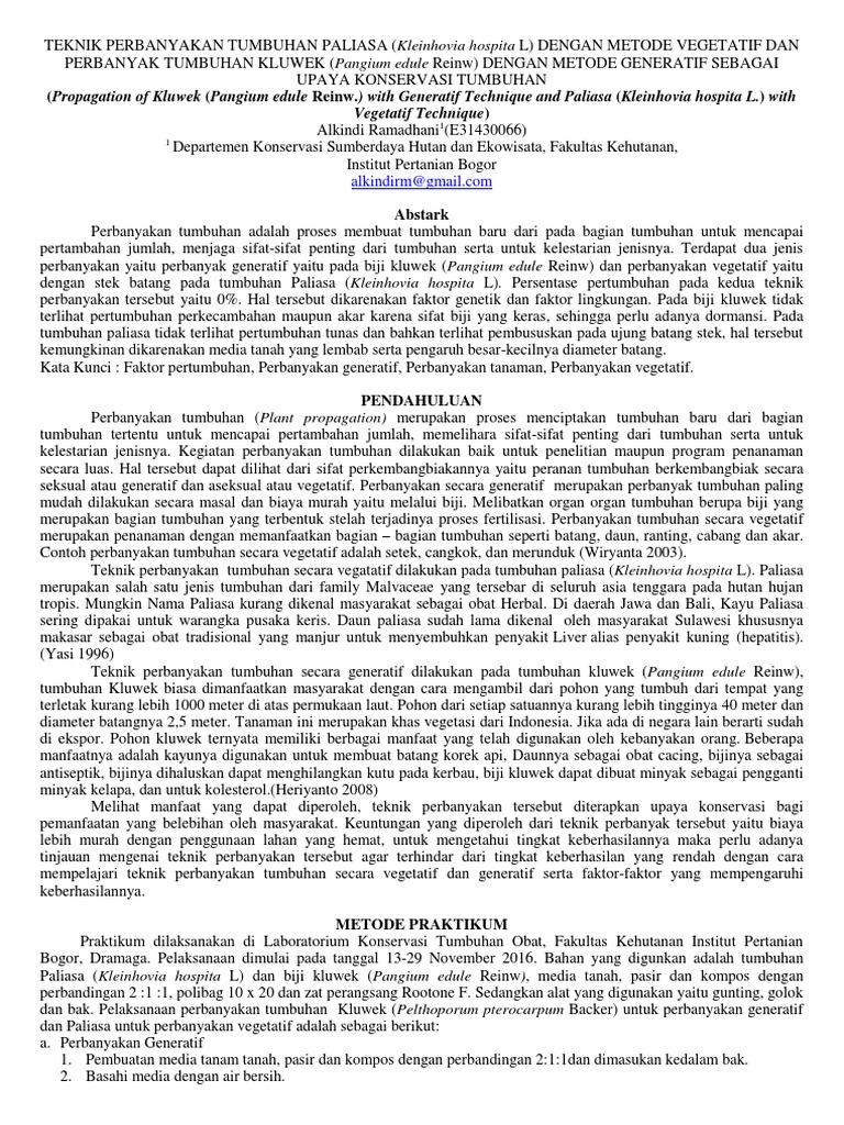 TEKNIK PERBANYAKAN TUMBUHAN PALIASA (Kleinhovia Hospita L) DENGAN ...