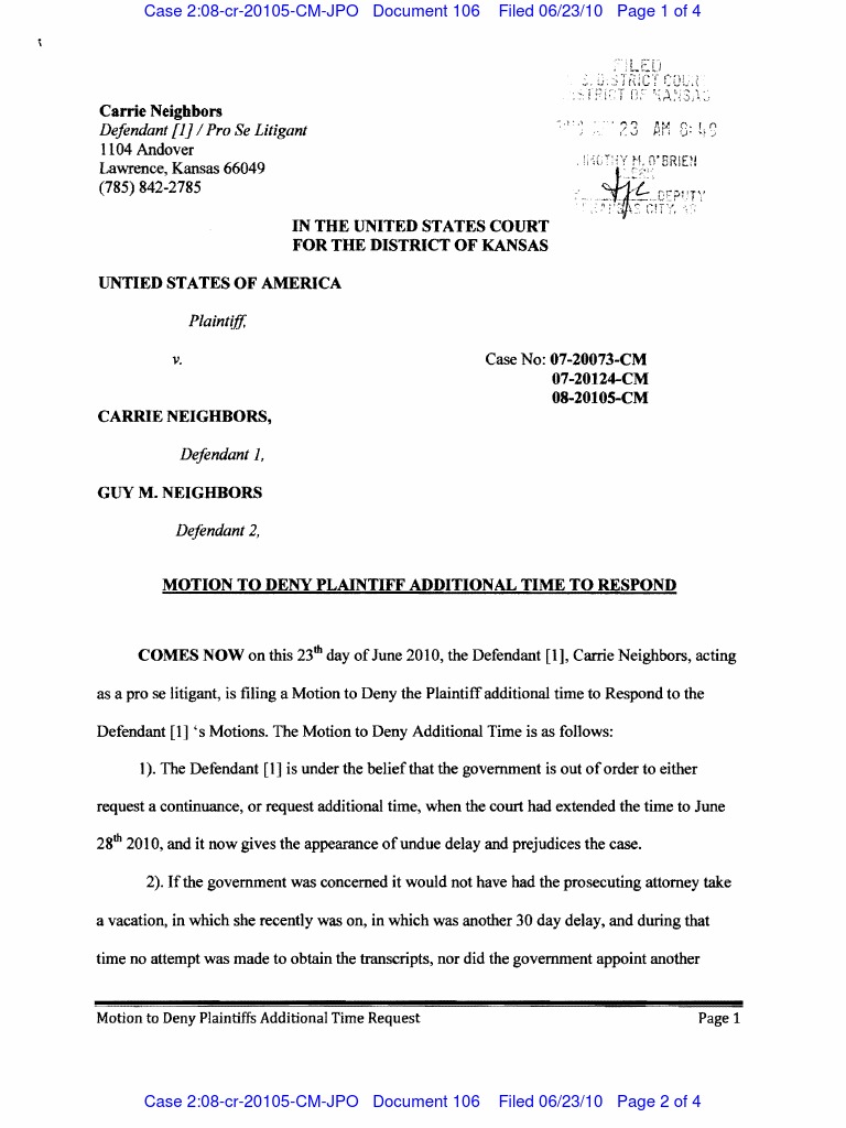 Motion to Deny Plaintiff's Time Extension | PDF