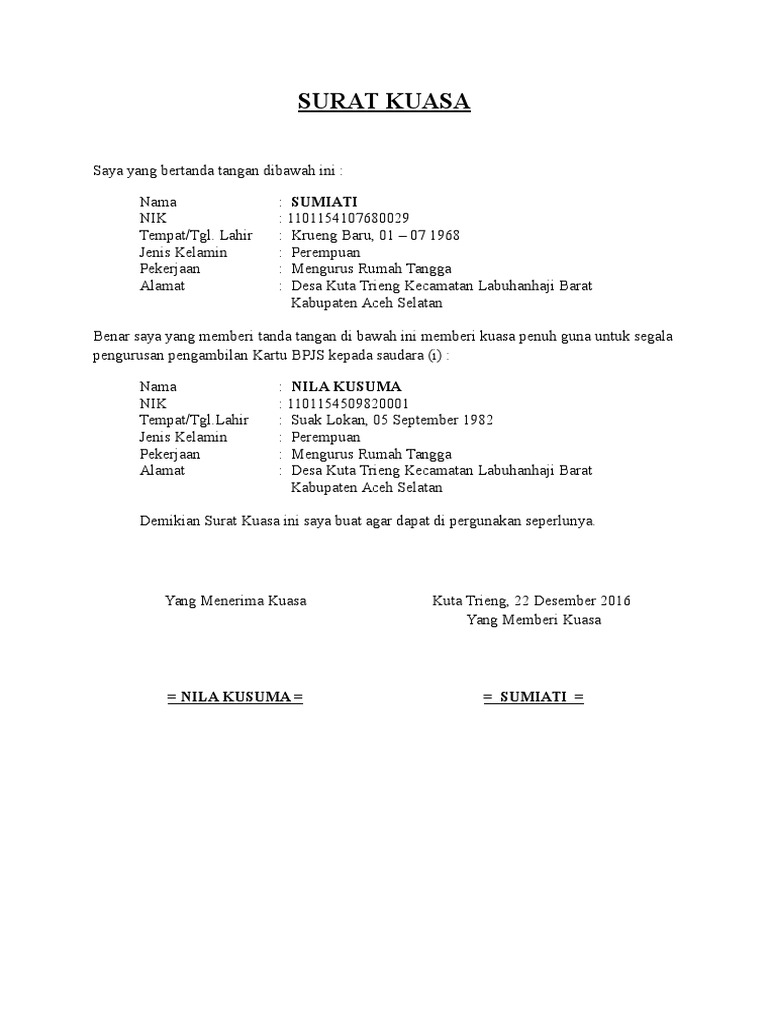Surat Kuasa Pengambilan Kartu BPJS | PDF