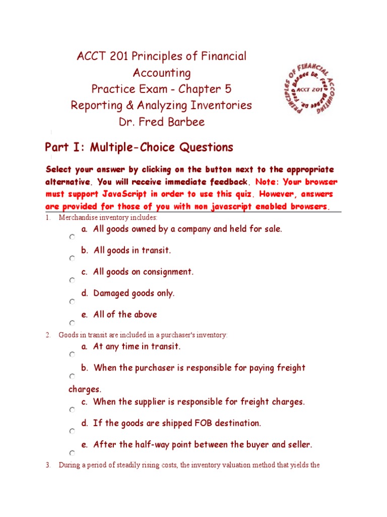 ACCT 201 Principles of Financial Accounting Practice Exam - Chapter 5 ...