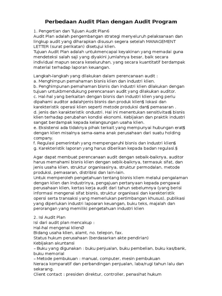 Perbedaan Audit Plan Dengan Audit Program | PDF