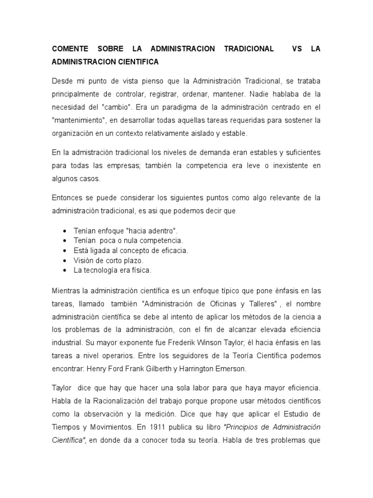Comente Sobre La Administracion Tradicional Vs La Administracion ...