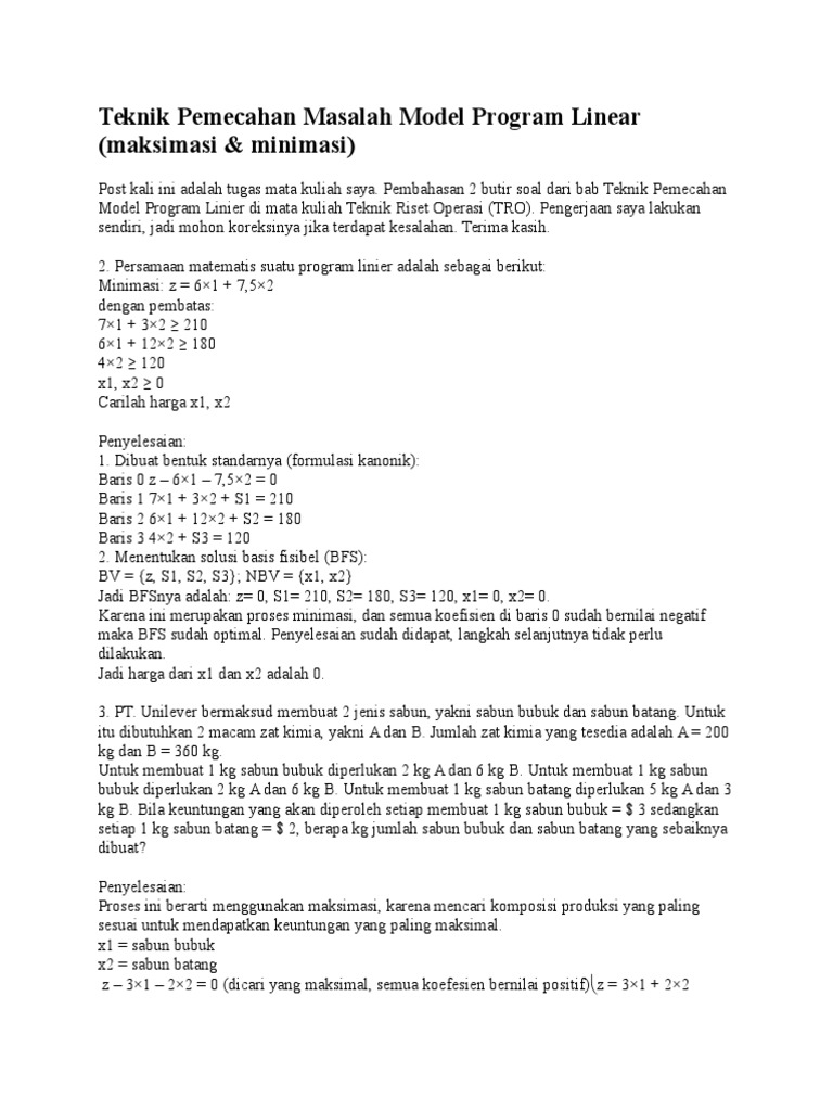 Teknik Pemecahan Masalah Model Program Linear | PDF