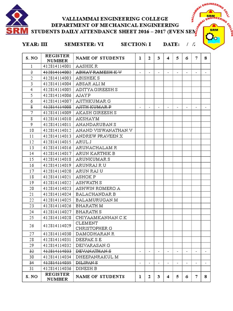 Student Attendance Record for Mechanical Engineering Department, Valliammai Engineering College ...
