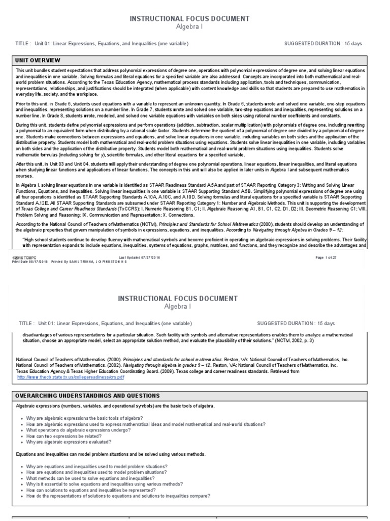 Unit 01: Linear Expressions, Equations, and Inequalities (One Variable ...