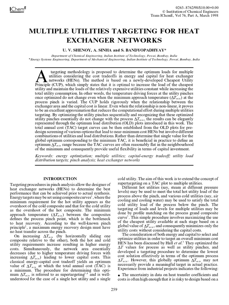 Multiple Utilities Targeting For Heat Exchanger Networks: U. V. Shenoy, A. Sinha and S ...