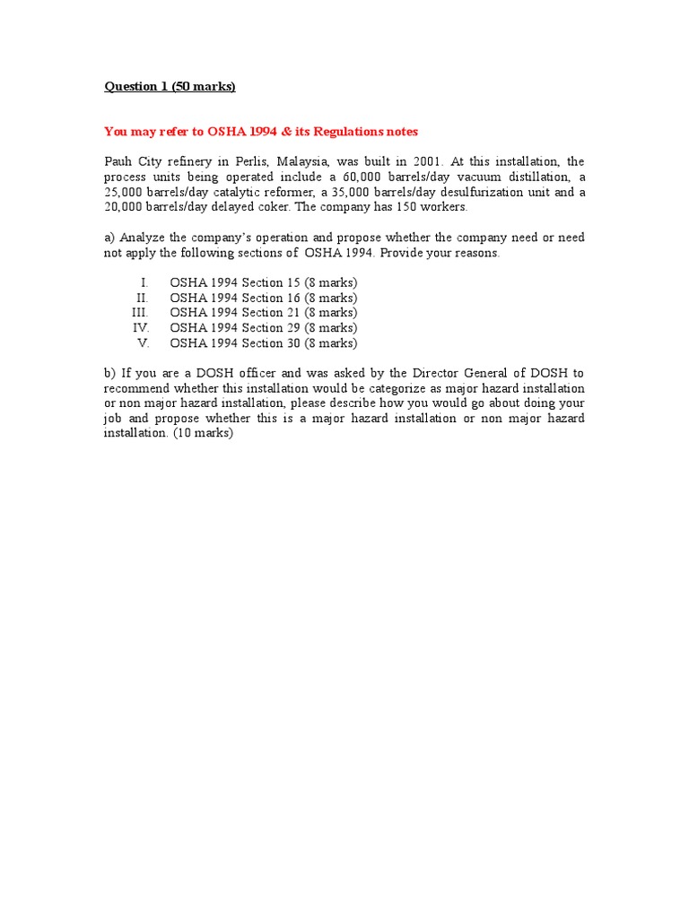 You May Refer To OSHA 1994 & Its Regulations Notes: Question 1 (50 ...