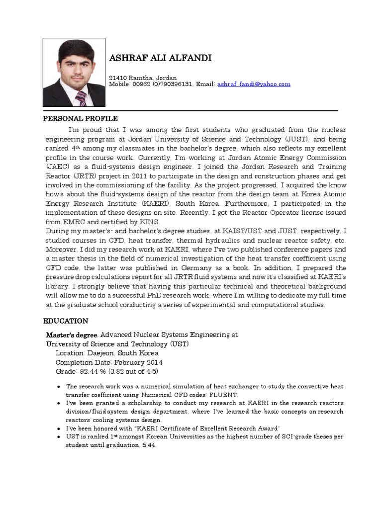 Alfandi CV | PDF | Heat Transfer | Nuclear Power