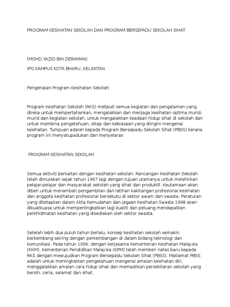 Program Kesihatan Sekolah Dan Program Bersepadu Sekolah Sihat | PDF