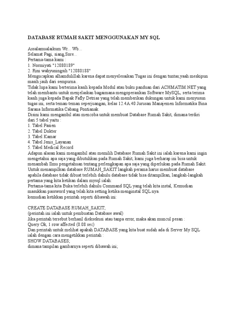 Database Rumah Sakit Menggunakan My SQL | PDF