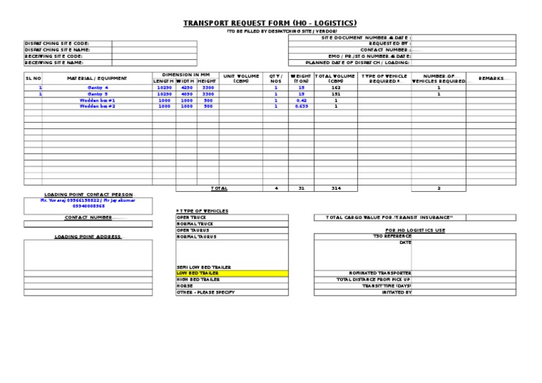 TRANSPORT Details Format For A Ganrty | PDF