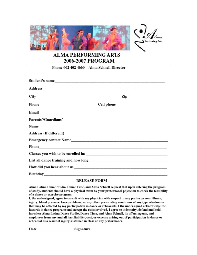 Alma Performing Arts Enrollment Form | PDF