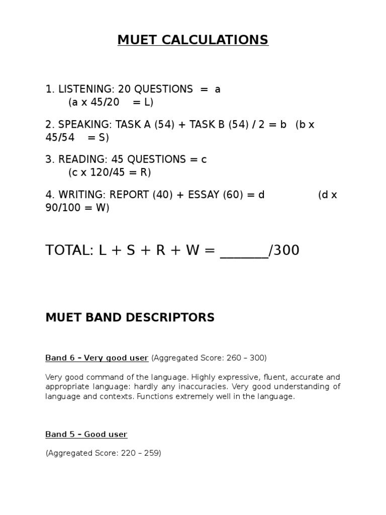 Muet Calculations | PDF