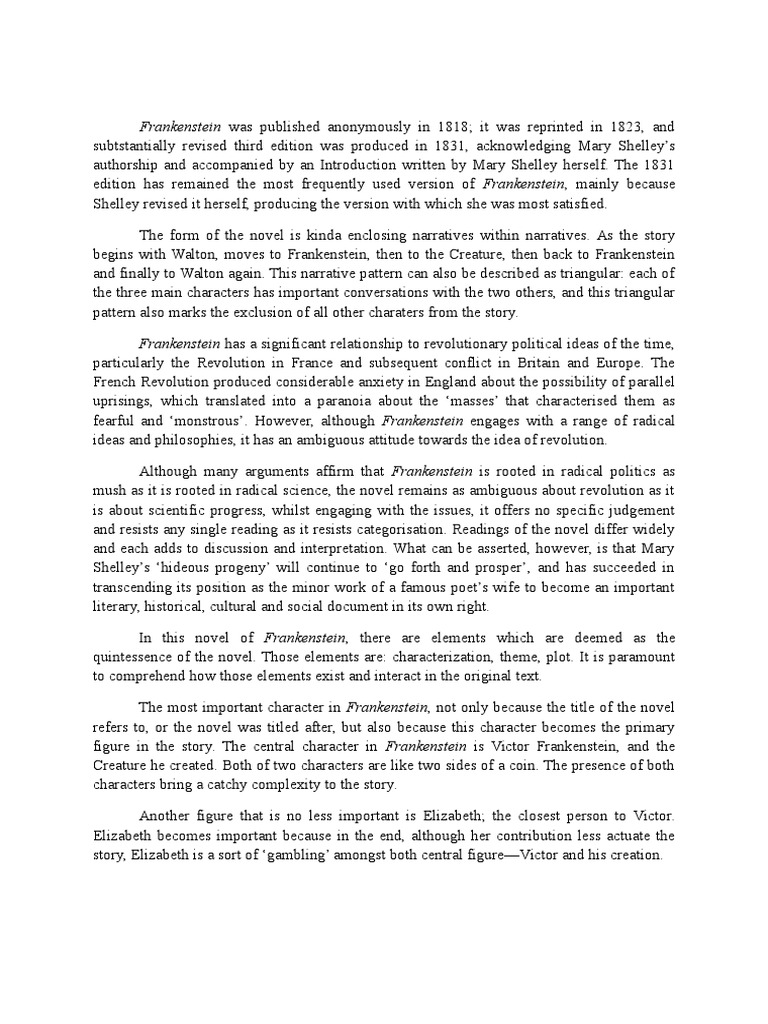 Analysis of Frankenstein (A Novel by Mary Shelley) | PDF | Frankenstein ...