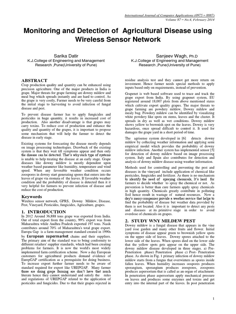 Monitoring and Detection of Agricultural Disease Using Wireless Sensor ...