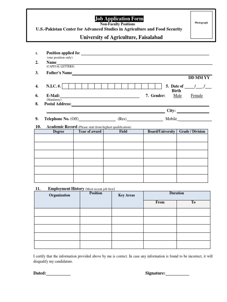 University of Agriculture, Faisalabad: Job Application Form | PDF