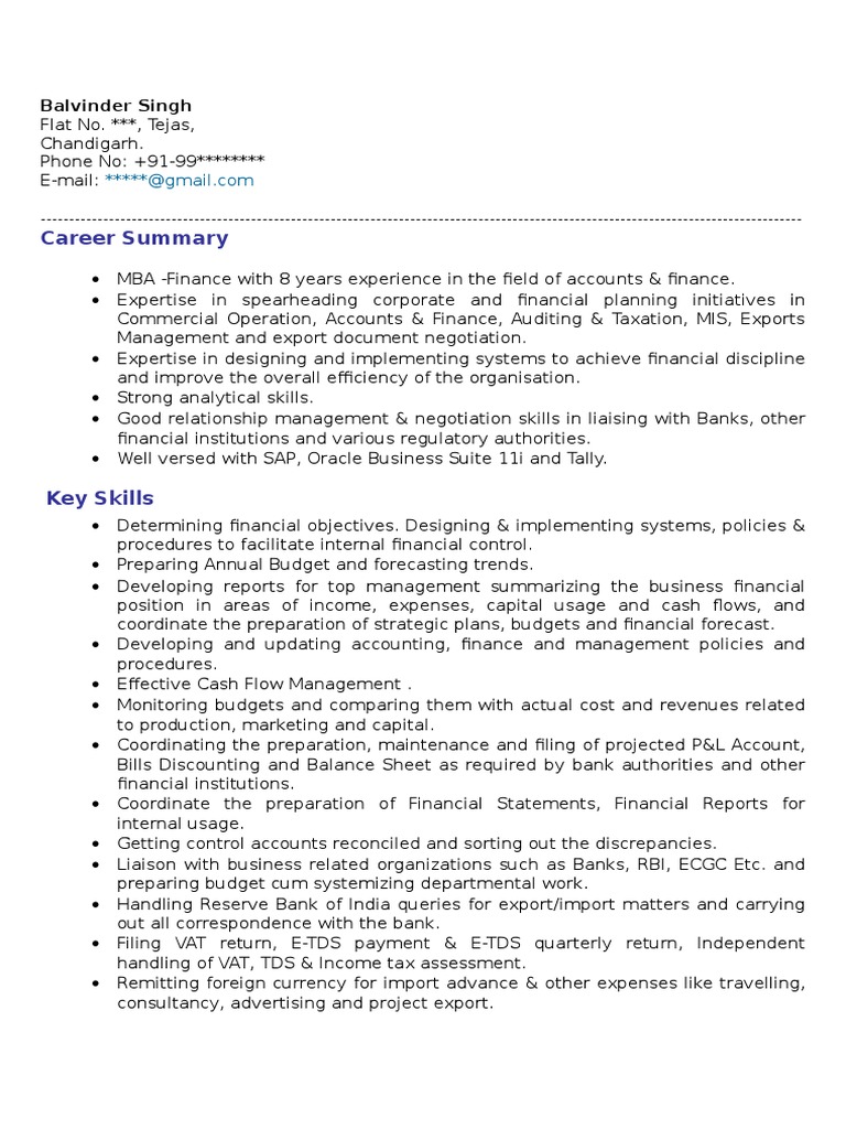 Sample CV For Finance Manager | PDF | Financial Statement | Strategic ...