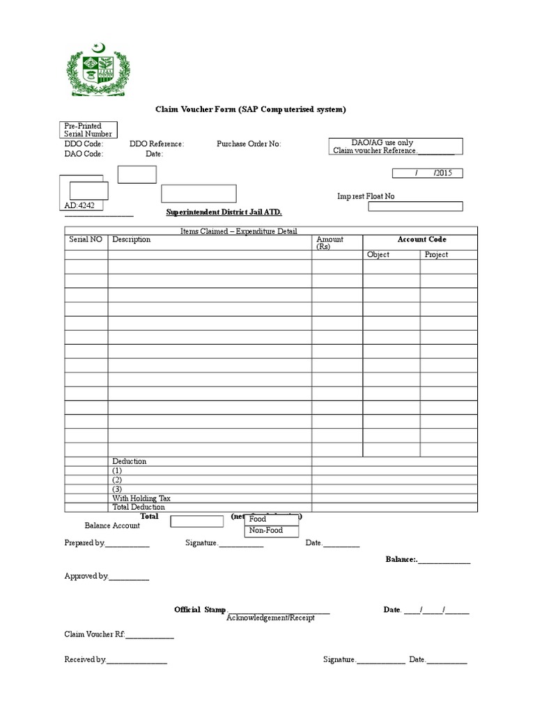 Claim Voucher Form (SAP Computerised System) : Account Code | PDF
